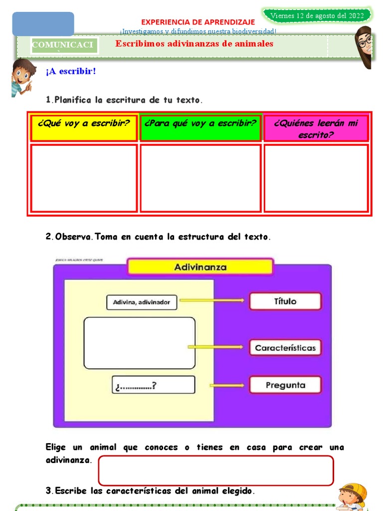 D5 A1 FICHA Escribimos Adivinanzas de Animales | PDF | Ficción general