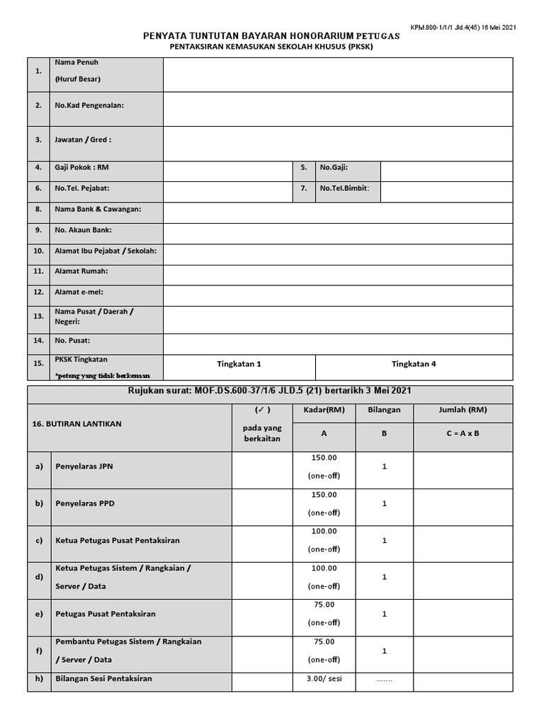 Borang Tuntutan Petugas Honororium PKSK | PDF