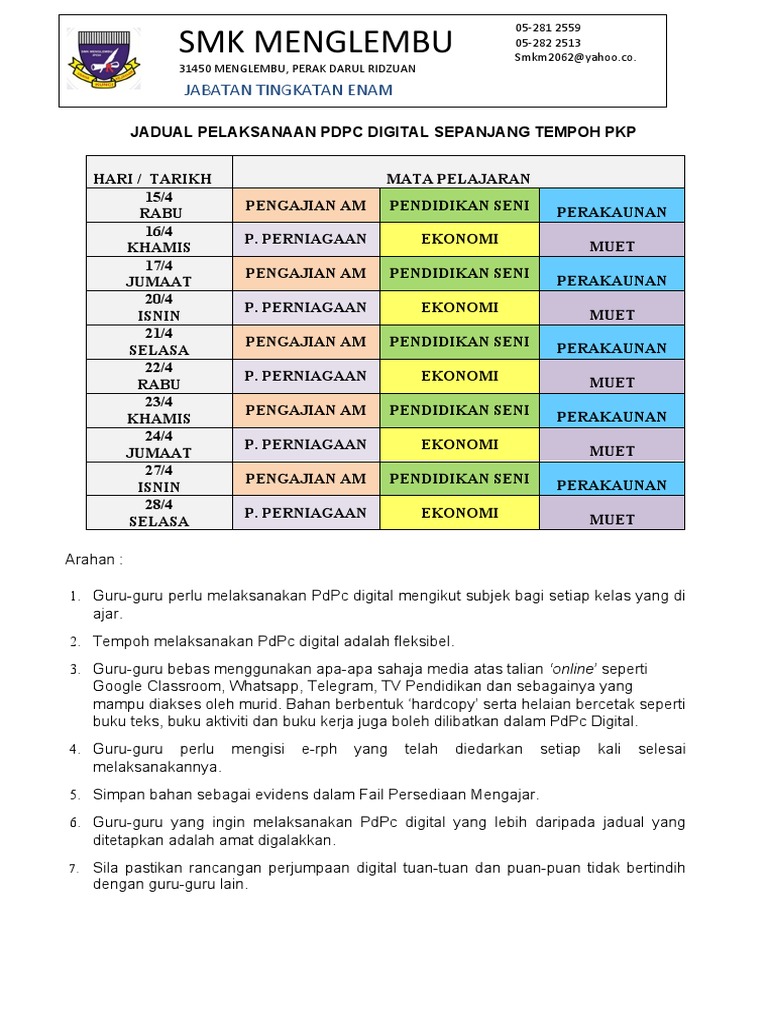 Jadual Waktu Semasa PKP f6 | PDF