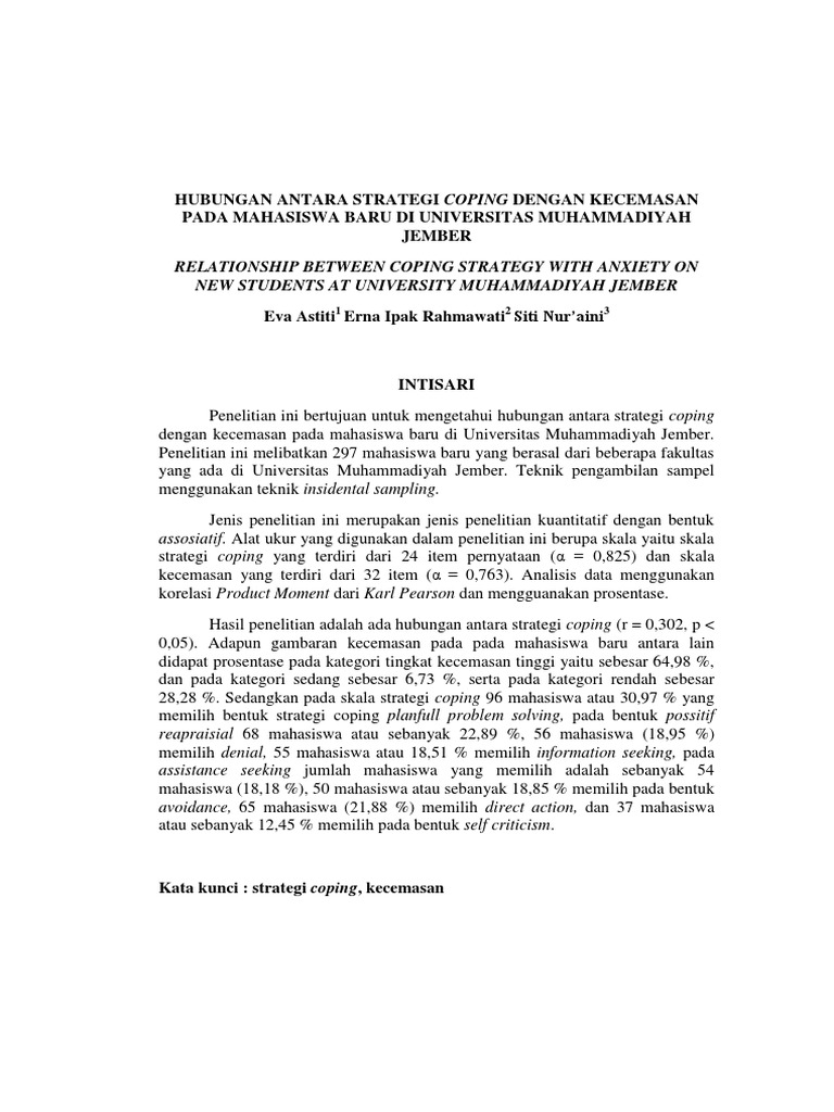 Hubungan Antara Strategi Coping Dengan Kecemasan Pada Mahasiswa Baru Di Universitas Muhammadiyah ...