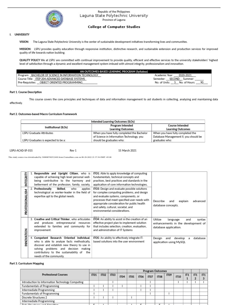 Advanced Database System Syllabus 03212021 | PDF | Databases | Sql