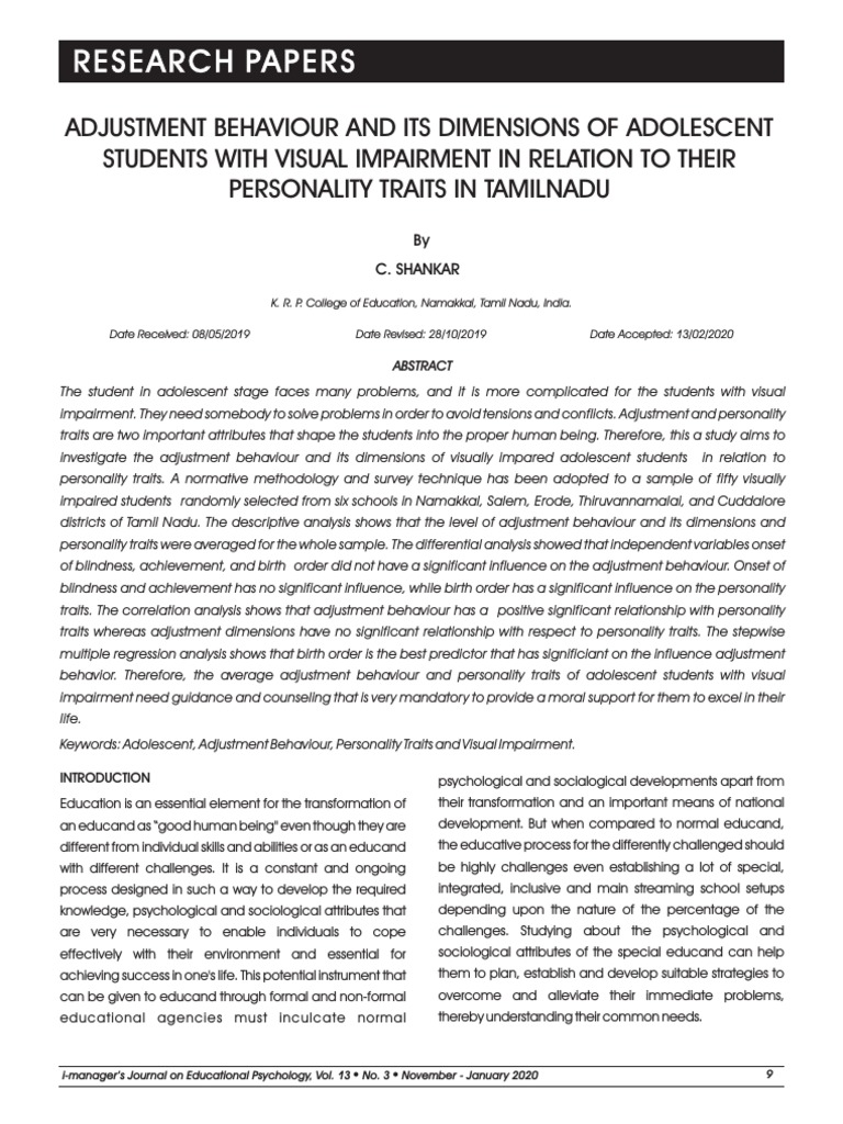 Adjustment Behaviour and Its Dimensions of Adolescent | PDF | Behavior ...