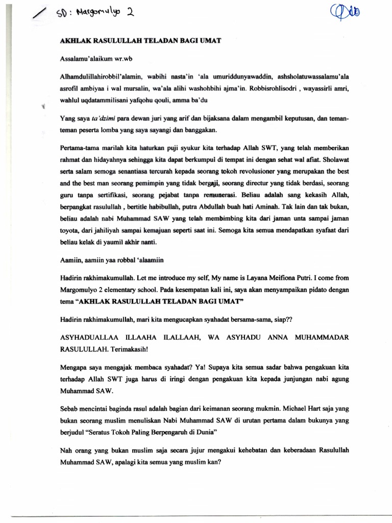 Teks Pidato Akhlak Rasulullah Teladan Bagi Umat - SD Margomulyo | PDF Teks Pidato Akhlak Rasulullah Teladan Bagi Umat - SD Margomulyo | PDF
