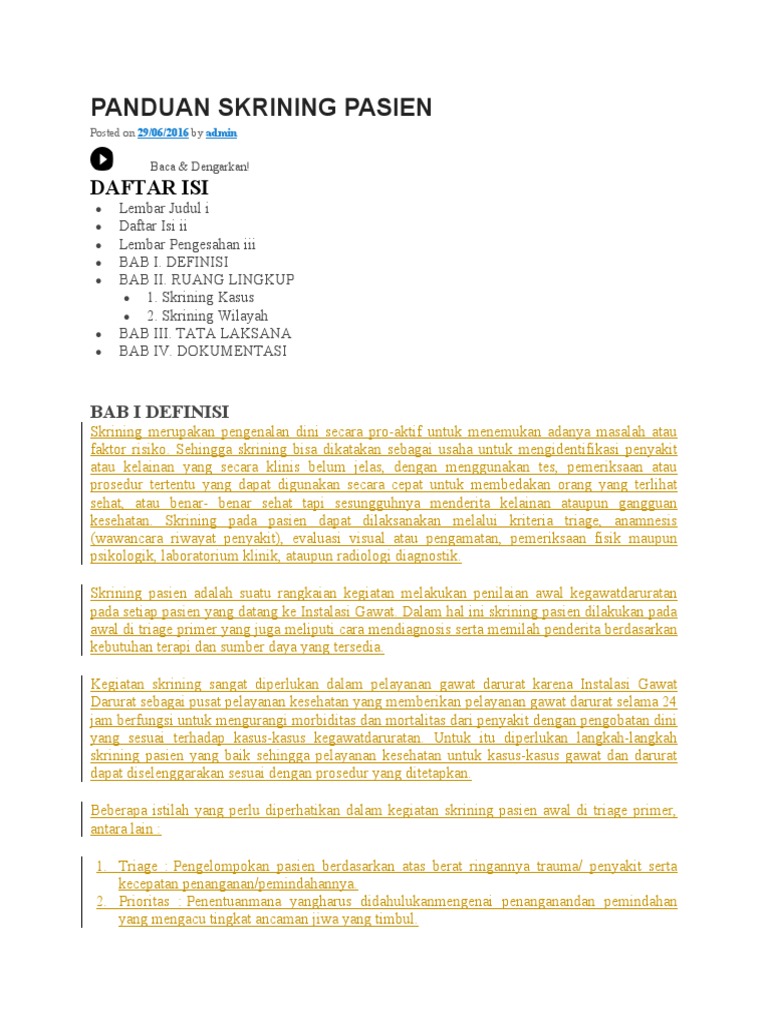 Panduan Skrining Pasien Dan Admisi | PDF