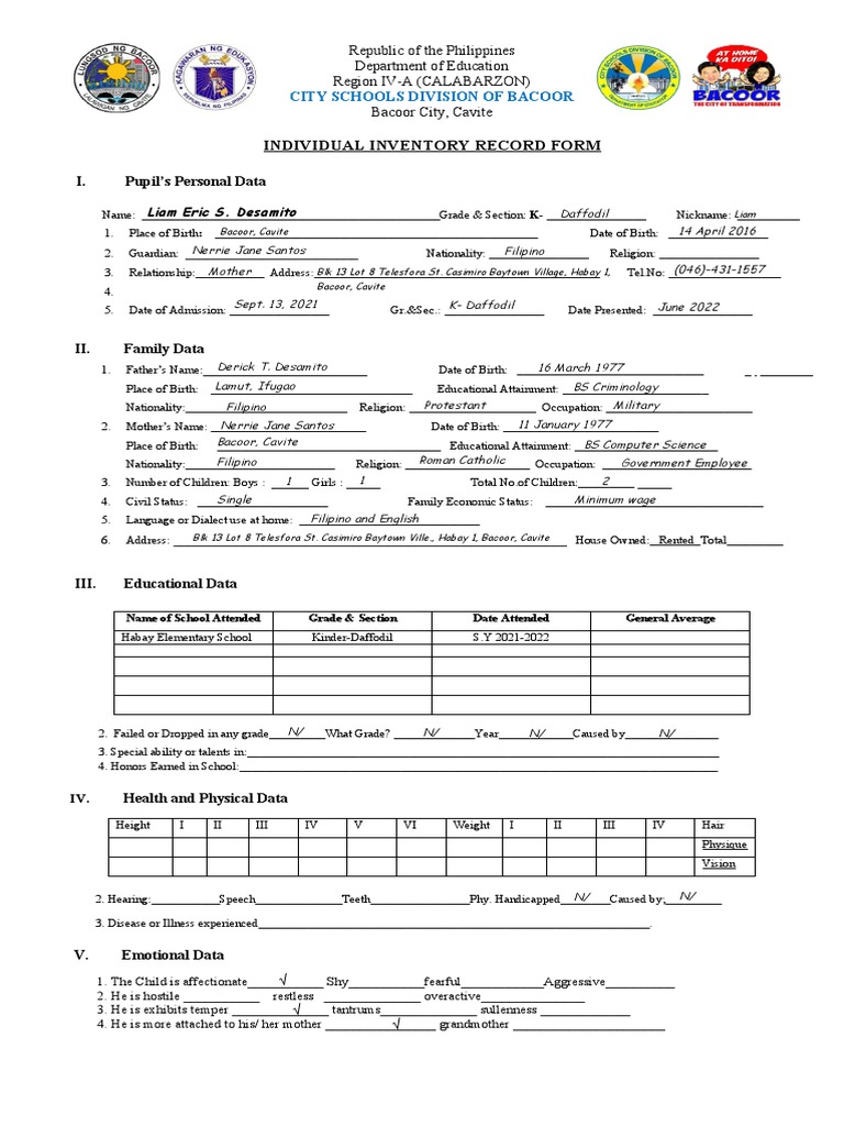Individual Inventory Record Form: I. Pupil's Personal Data | PDF