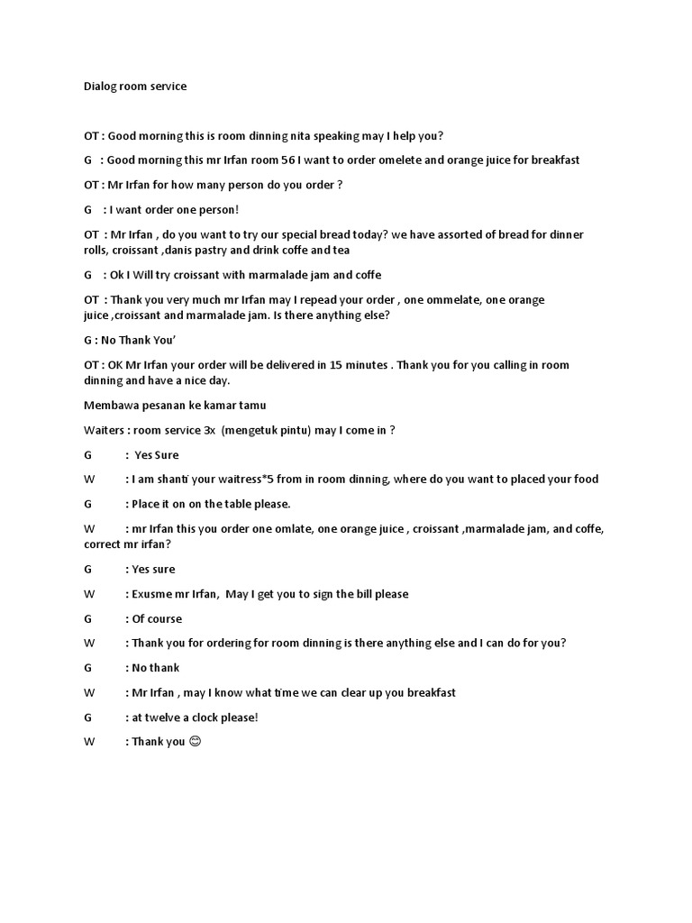 Room Service Breakfast Order Dialogue | PDF