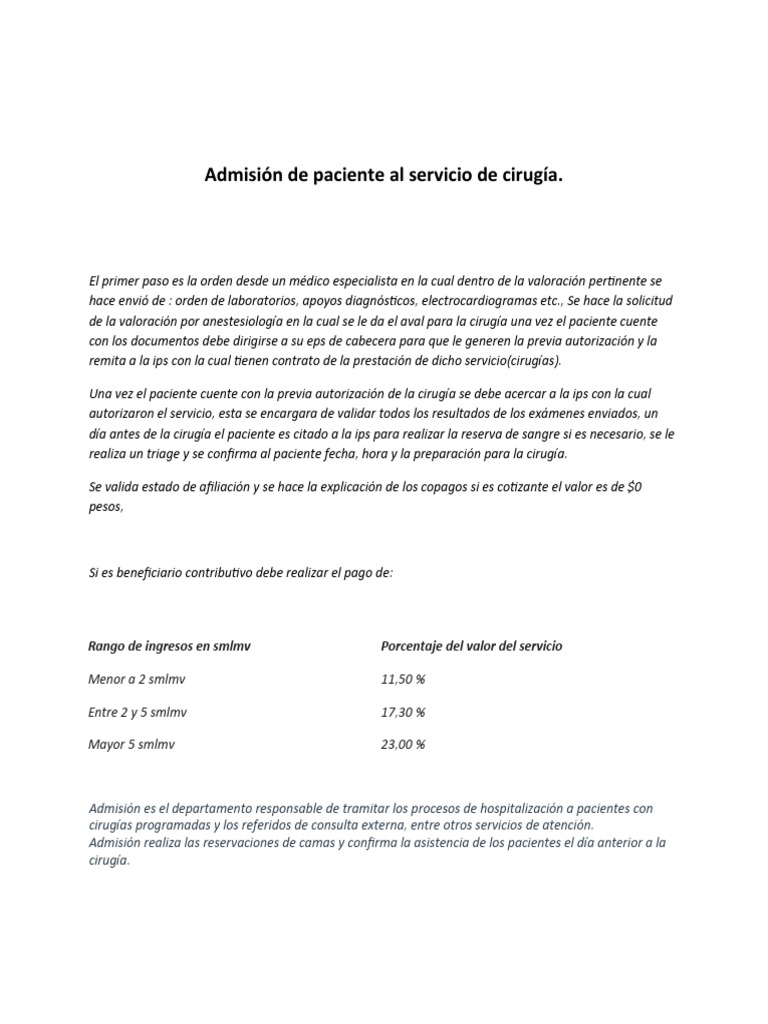 Admisión de Paciente Al Servicio de Cirugía | PDF | Cirugía | Ciencias ...