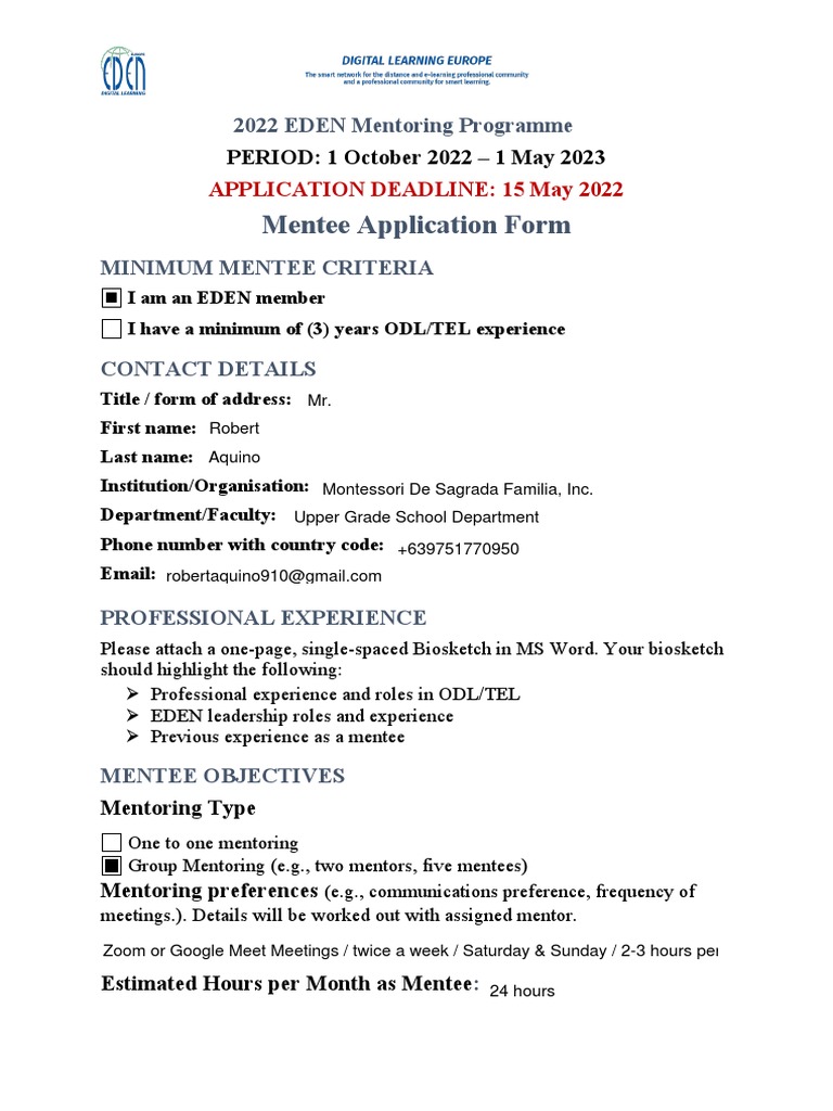 Mentee Application Form: PERIOD: 1 October 2022 - 1 May 2023 | PDF ...