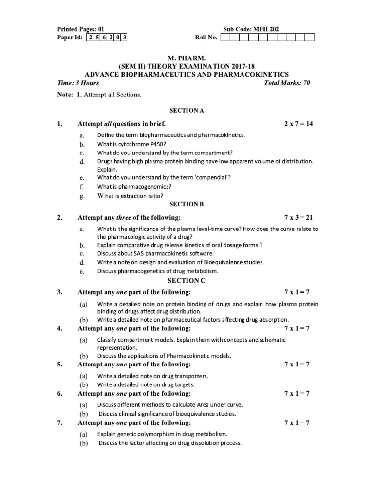 Mpharm 2 Sem Advance Biopharmaceutics and Pharmacokinetics MPH 202 2017 ...