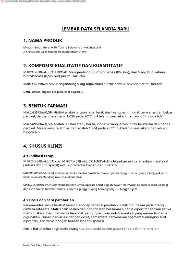 Menerjemahkan Dokumen Tentang Marcain Spinal 0.5 | PDF