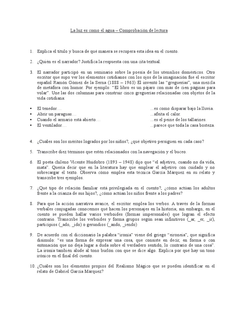 La Luz Es Como El Agua Actividad | Descargar gratis PDF | Cuentos