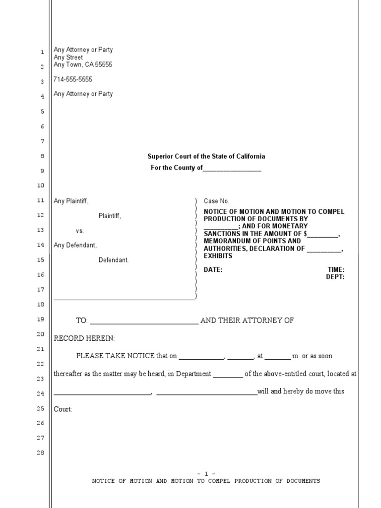 Sample Motion To Compel Production of Documents For California | PDF ...