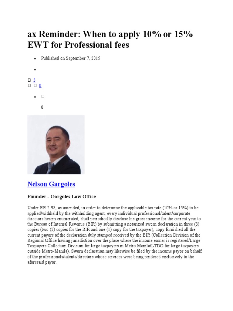 Ax Reminder: When To Apply 10% or 15% EWT For Professional Fees | PDF ...