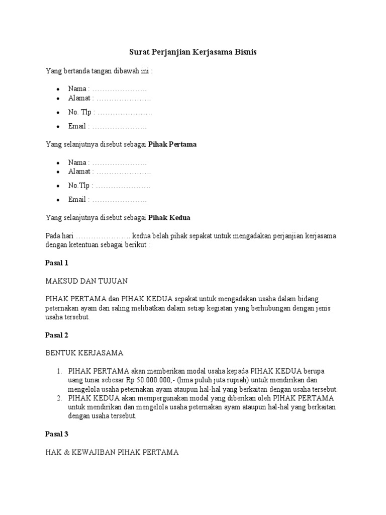 Surat Perjanjian Kerjasama Bisnis 1 Pdf