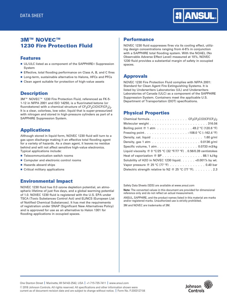 3M™ Novec™ 1230 Fire Protection Fluid: Performance | PDF | Physical ...