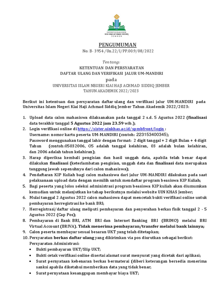 Pengumuman Verifikasi Online Dan Daftar Ulang Jalur Um Mandiri Tahun 2022 | PDF