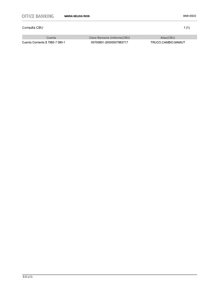 Consulta CBU 1 (1) : Cuenta Clave Bancaria Uniforme (CBU) Alias (CBU) | PDF