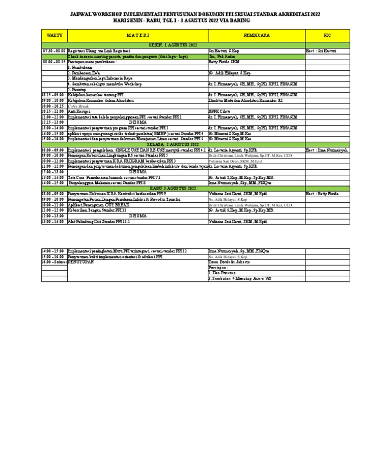 Jadwal Ws Implementasi Standar Akreditasi 2022-1 | PDF