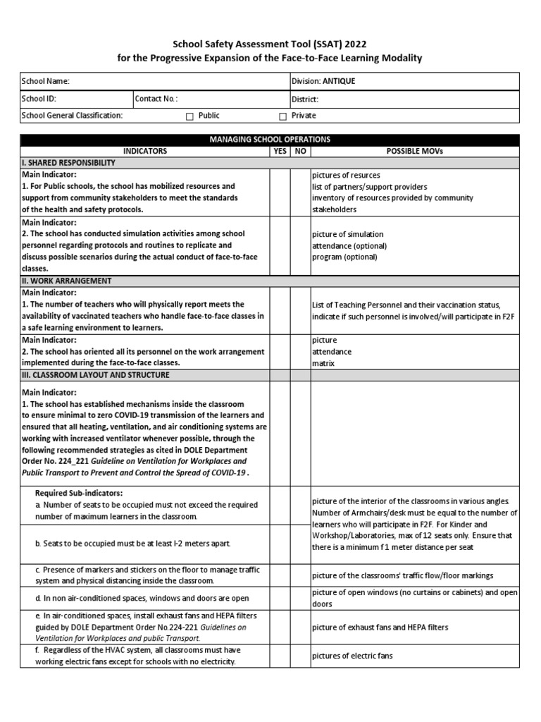 School Safety Assessment Tool (SSAT) 2022 For The Progressive Expansion ...
