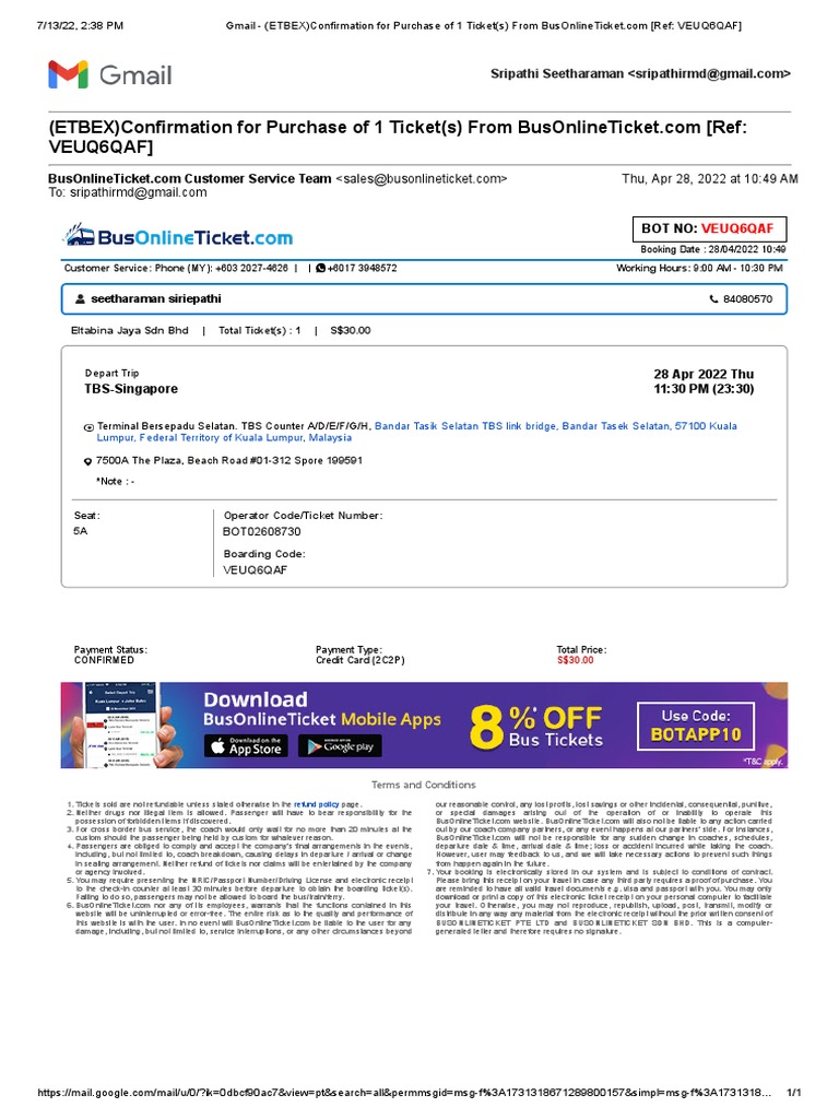 Bus Ticket Purchase Confirmation | PDF | Service Industries