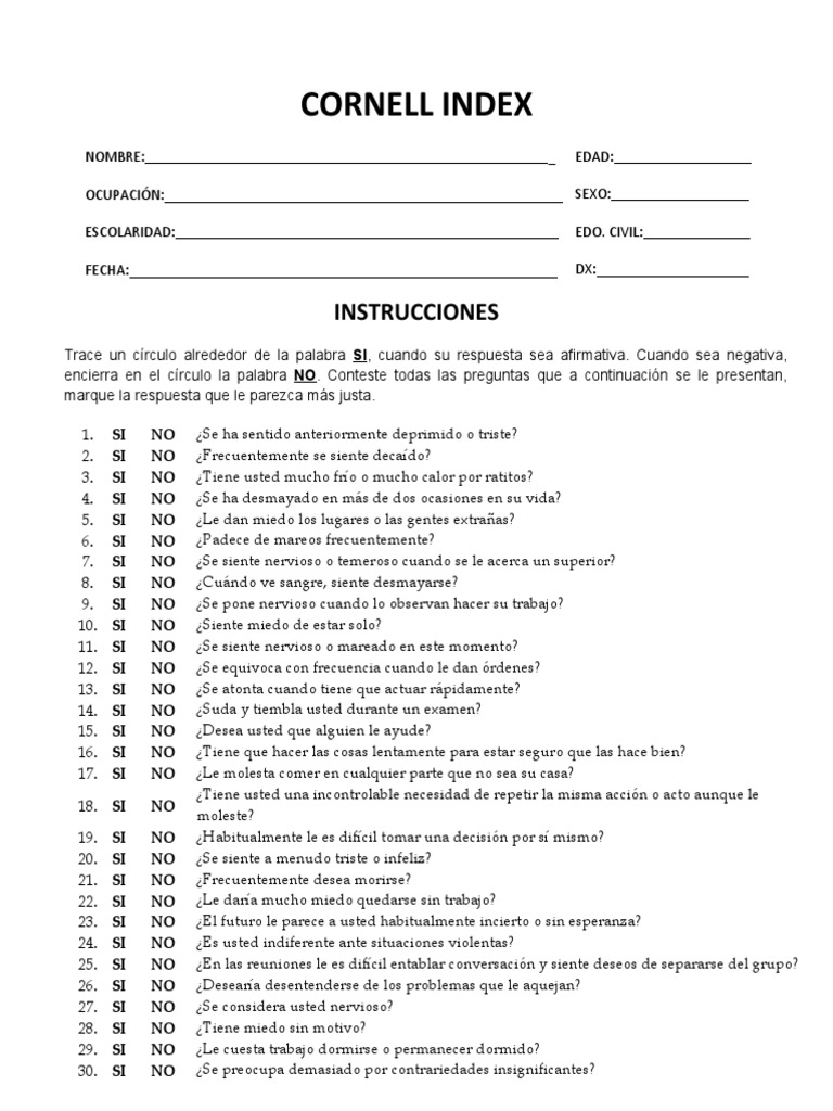 Cornell Index Cuestionario | PDF | Temor | Depresión (estado de ánimo)