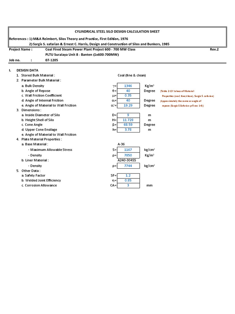 Steel Silo Design Calculation Sheet | PDF | Stress (Mechanics) | Friction