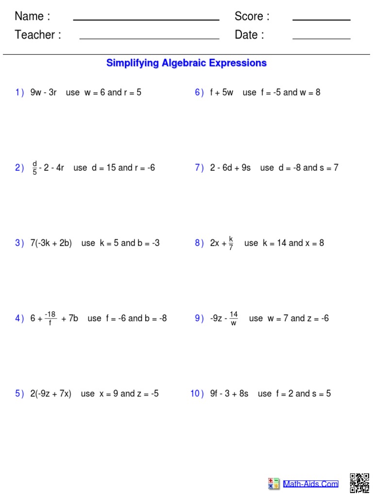 Evaluating Algebraic Expressions Worksheet | PDF