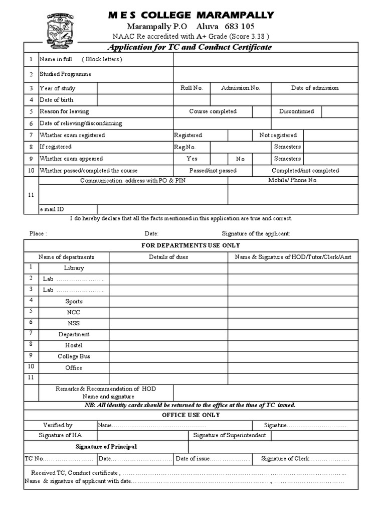 Application Form TC & Conduct Certificate | PDF | Access Control ...
