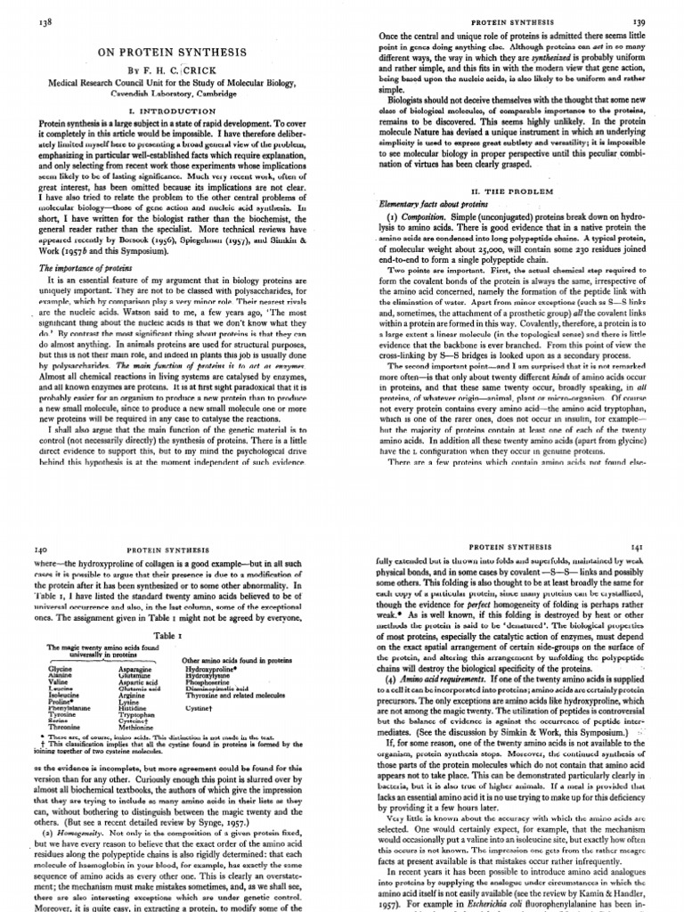 Crick Central Dogma 1958 | PDF | Proteins | Amino Acid