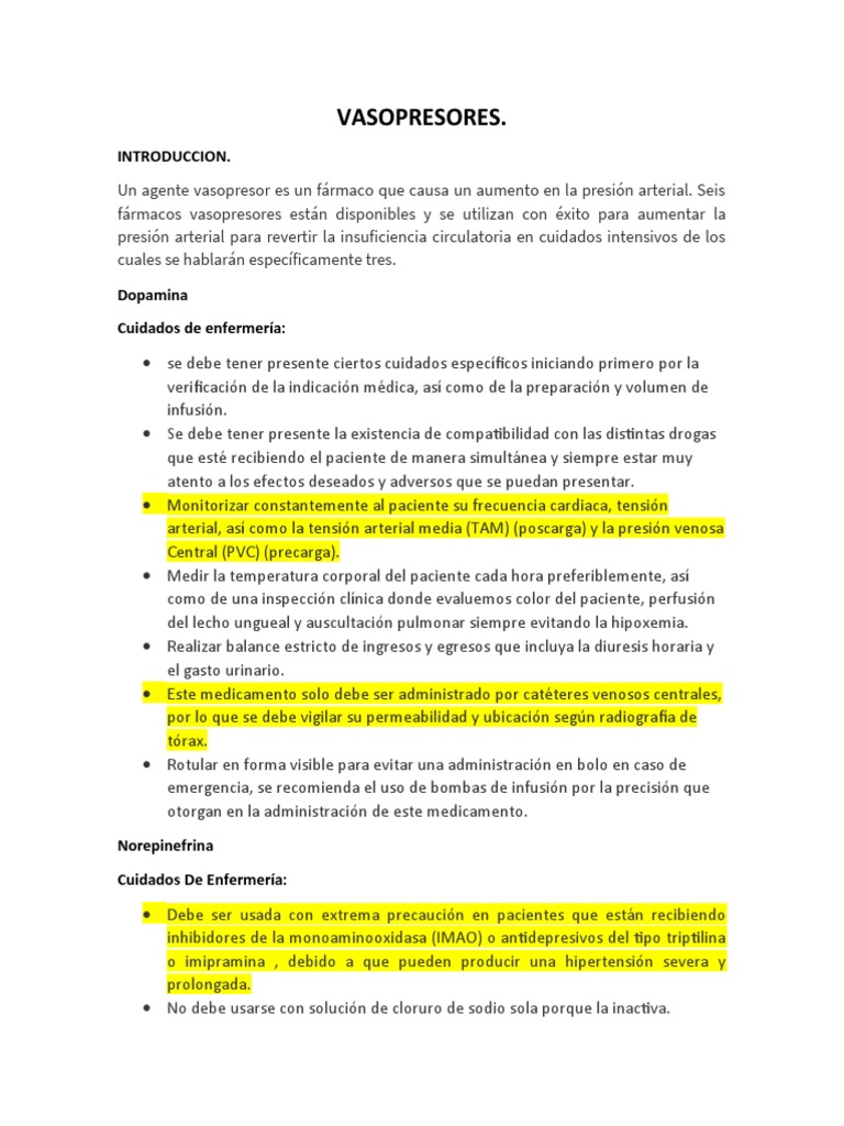 Vasopresores Informacion | PDF | Presión sanguínea | Medicamentos con ...