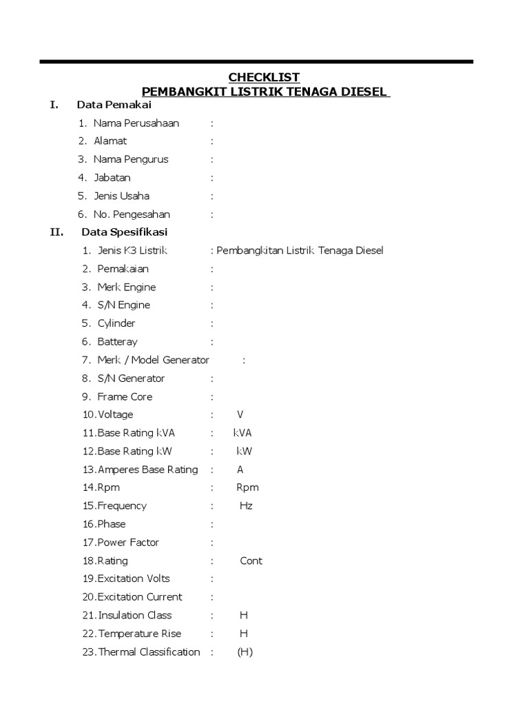 CHECKLIST Pembangkit Listrik Tenaga Diesel | PDF | Thermostat ...