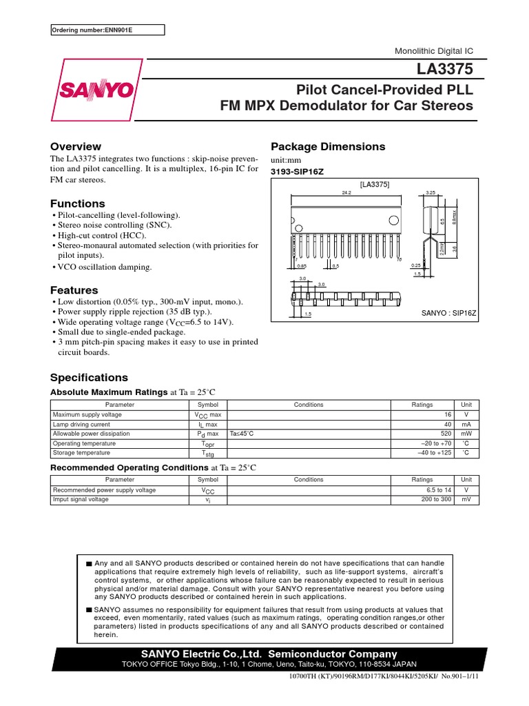 LA3375 Sanyo datasheet | PDF | Decibel | Frequency Modulation