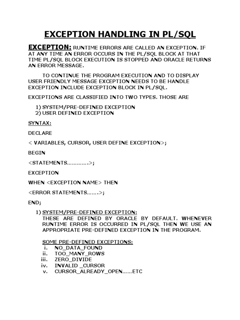 ExceptionHandling(PLSQL) | PDF | Pl/Sql | Software