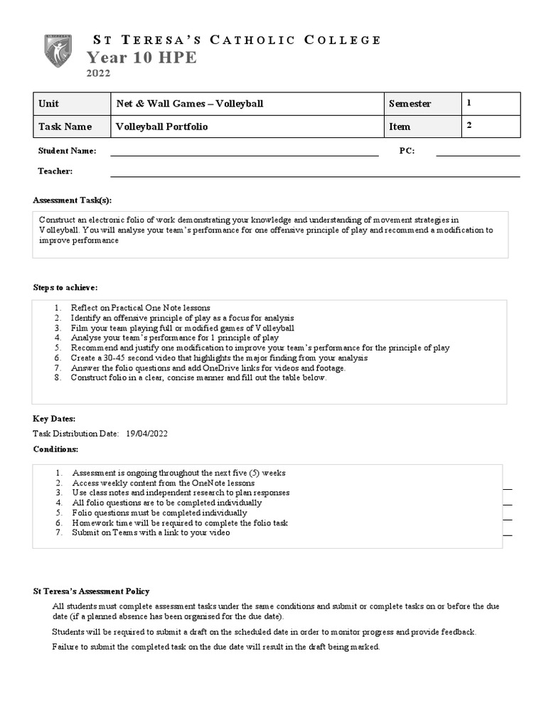 Year 10 Volleyball Folio Task Sheet - Modelled | PDF | Decision Making | Volleyball