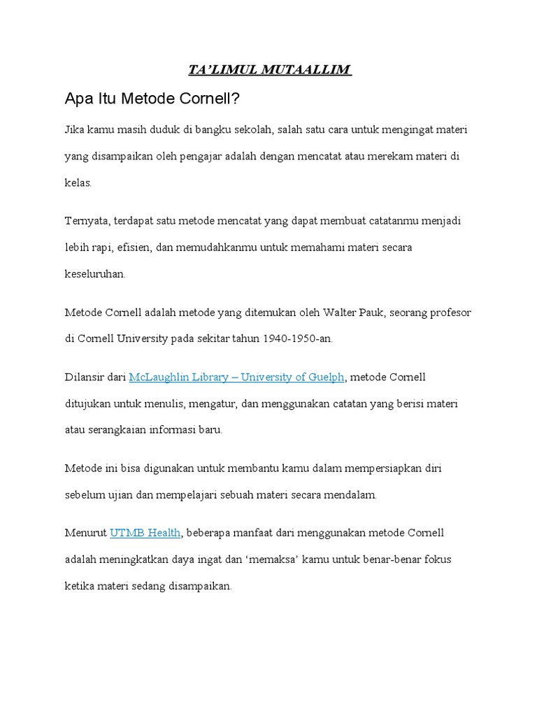METODE CORNELL: CARA EFEKTIF MENCATAT DAN MEMAHAMI MATERI | PDF