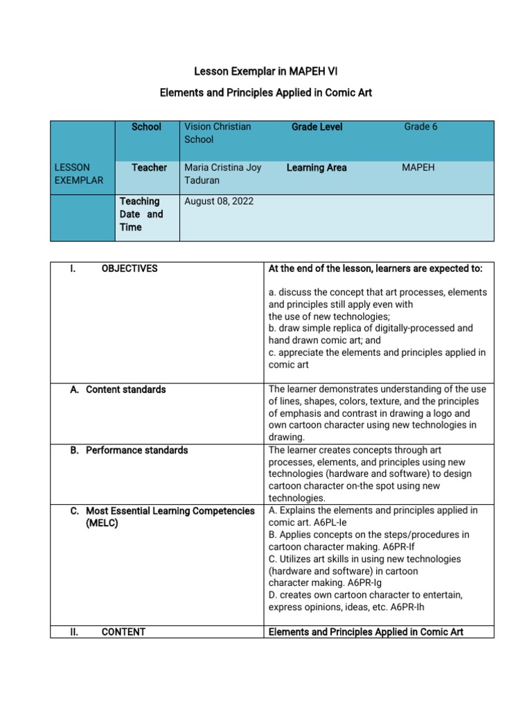 Lesson Exemplar in MAPEH VI Elements and Principles Applied in Comic ...