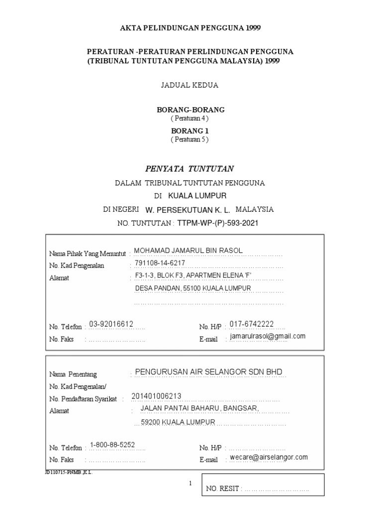 Borang 1 - Tribunal Tuntutan Pengguna - Jem | PDF