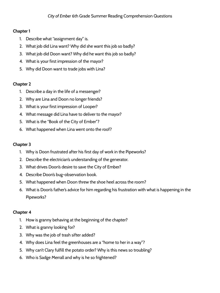 City of Ember Chapter Comprehension Questions | PDF