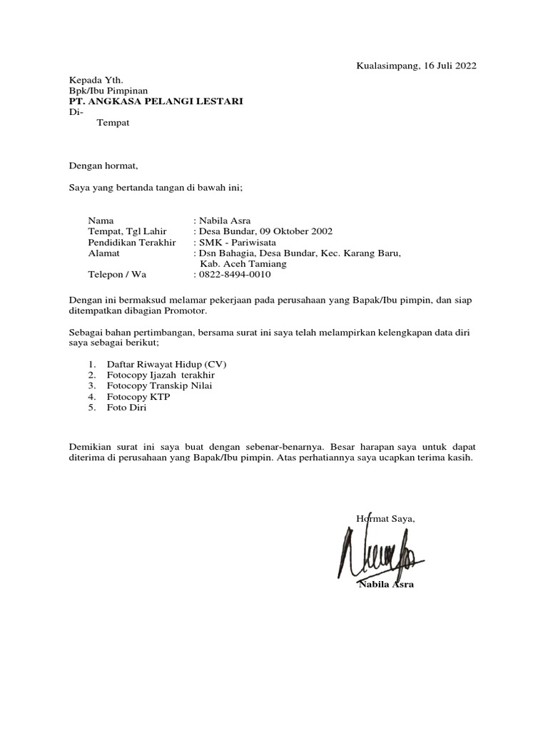 Surat Lamaran Nabila Asra | PDF
