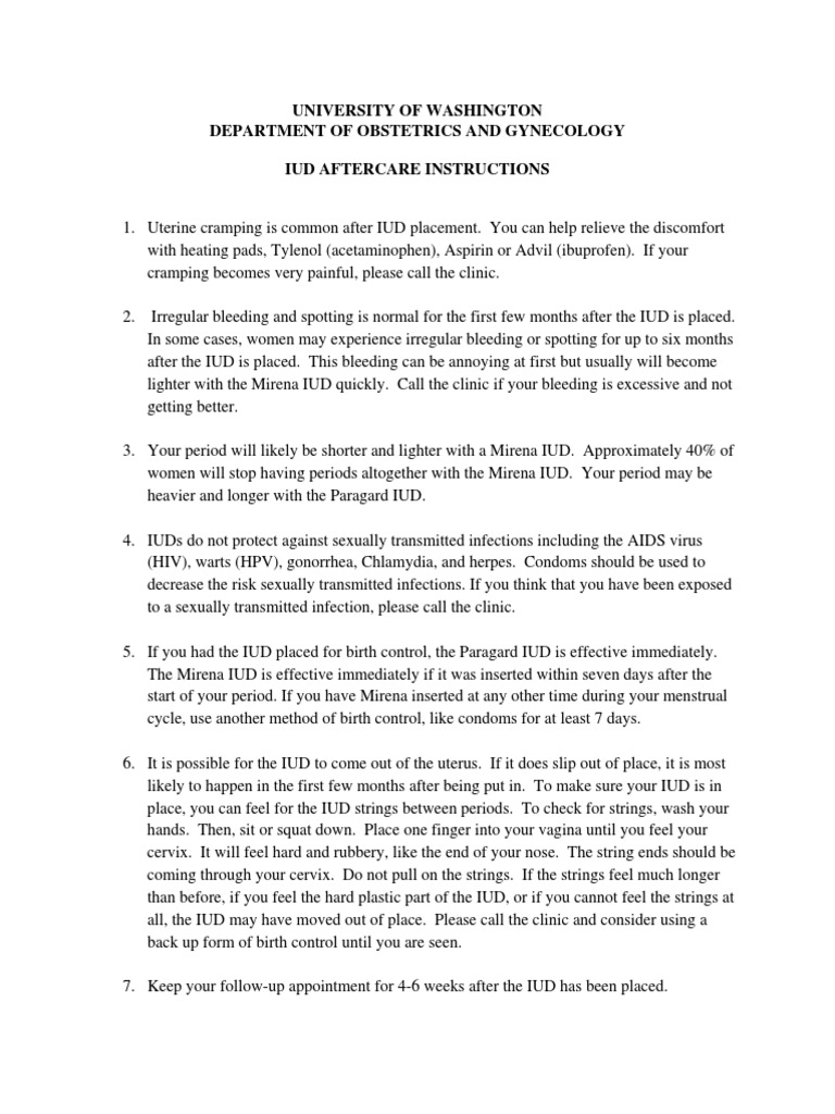 IUD Aftercare Instructions Guide | PDF | Sexual Health | Human Reproduction