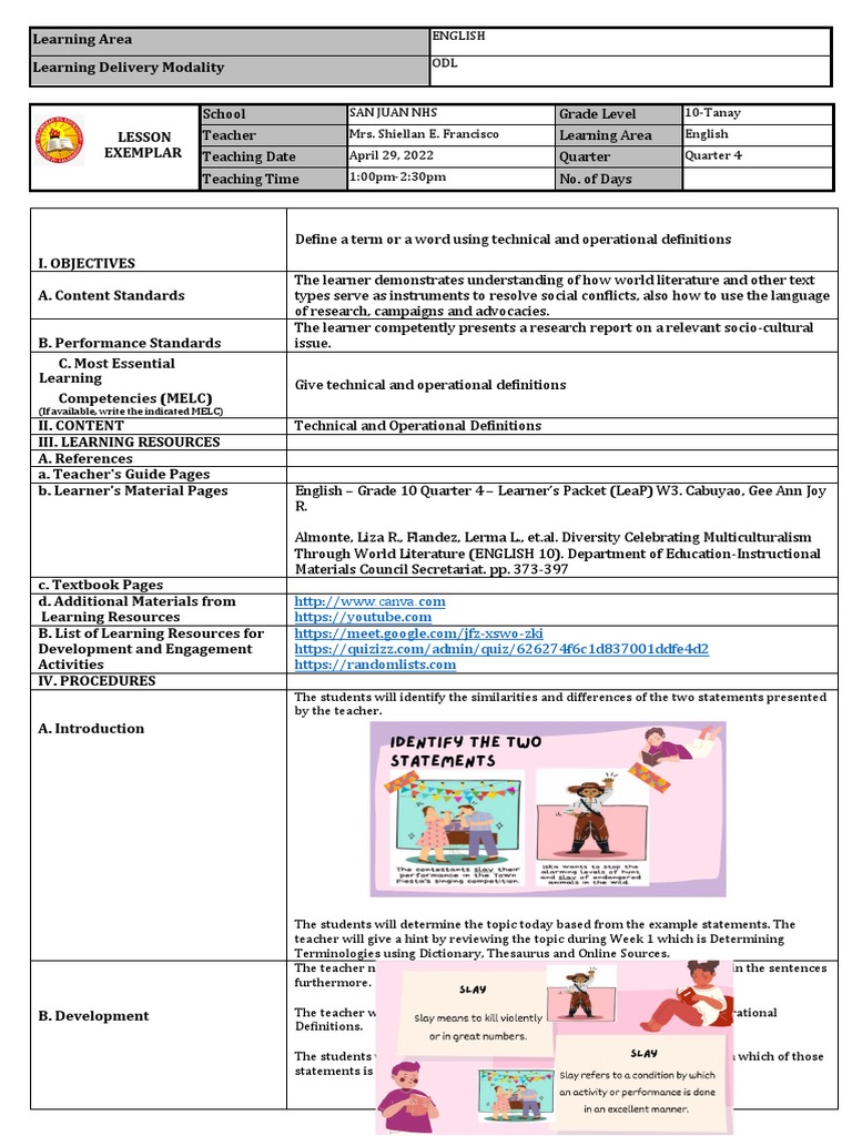 Lesson Exemplar For Grade 10 - Technical and Operational Definition ...