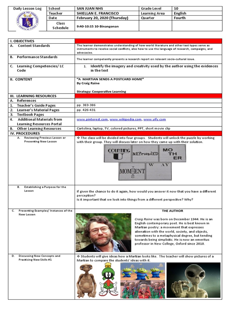 Lesson Plan For Grade 10 - A Martian Sends A Postcard Home | PDF | Mars ...