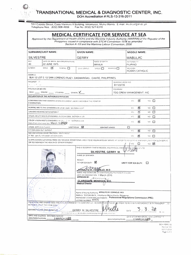 Medical Certificate For Service at Sea: Transnational Medical ...