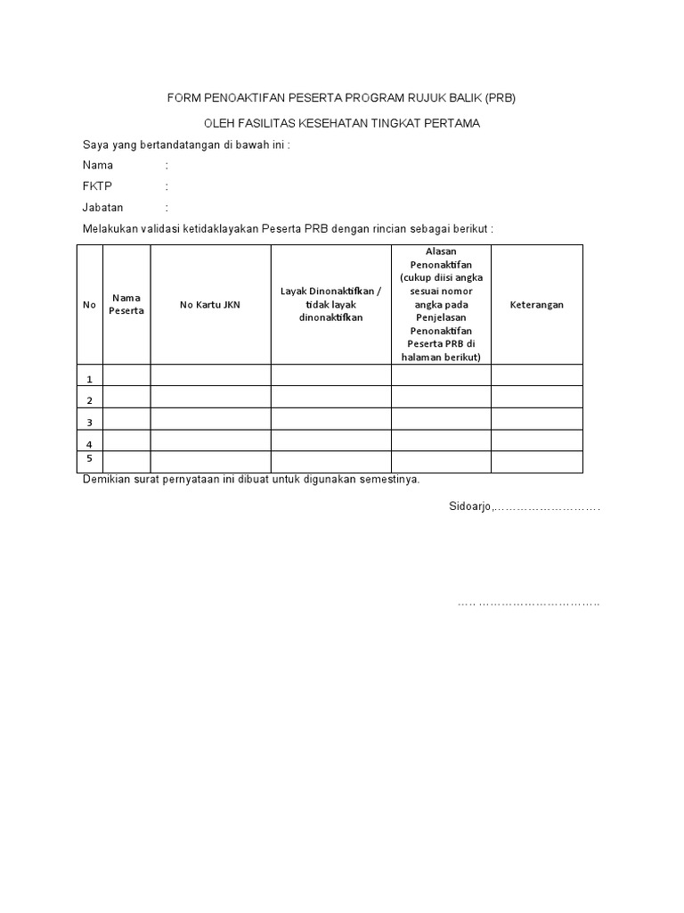 Form Penonaktifan Peserta PRB | PDF
