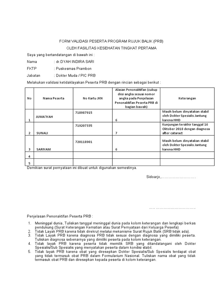 Form Validasi Peserta PRB | PDF