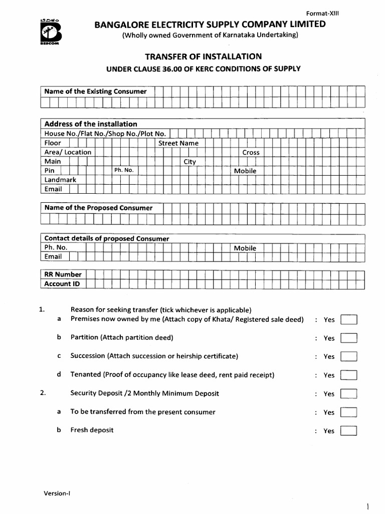 Bescom Transfer Form | PDF | Private Law