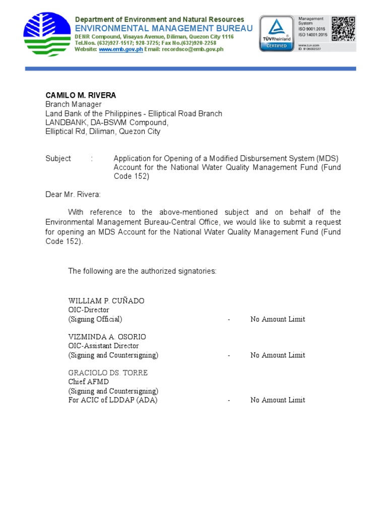 Sample Letter To Landbank Requesting For MDS Account | PDF