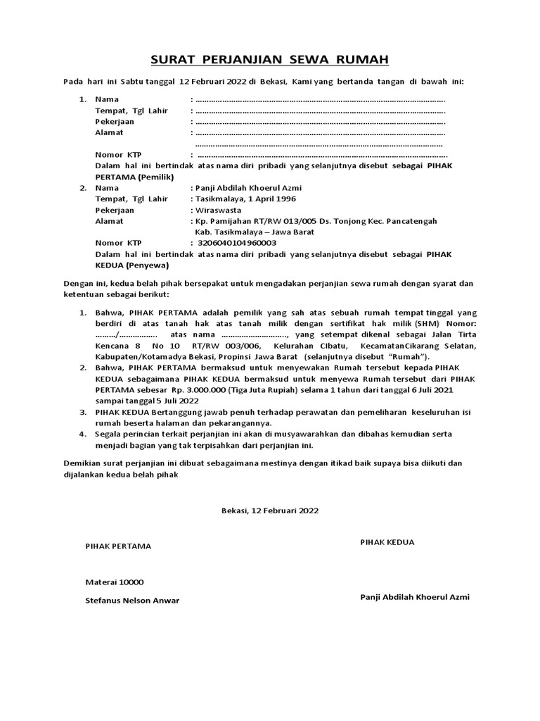 Surat Perjanjian Sewa Rumah | PDF