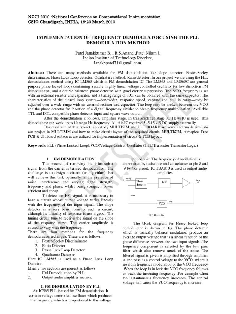 Implementation of Frequency Demodulator Using The PLL Demodulation Method | PDF | Detector ...