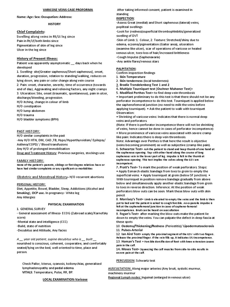 Varicose Case Proforma | PDF | Vein | Varicose Veins